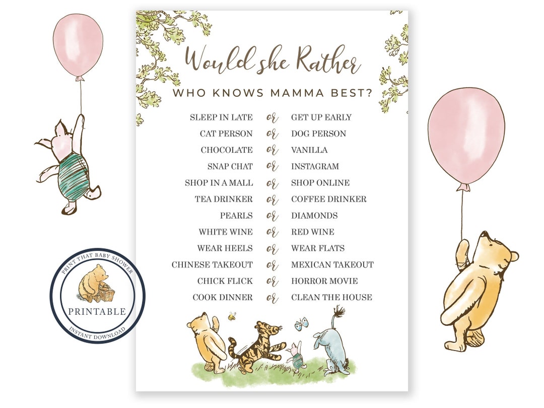Baby Shower Game - Winnie the Pooh Baby Shower - Would She Rather ...