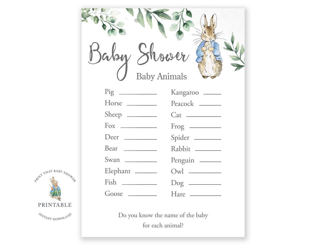 Baby Shower Games - Baby Animals Name Game - Peter Rabbit Baby Shower ...