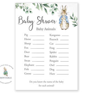 Baby Shower Games - Baby Animals Name Game - Peter Rabbit Baby Shower ...