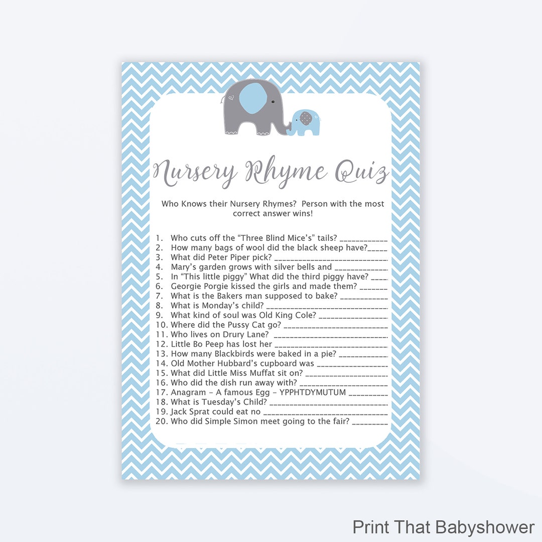 Nursery Rhyme Quiz Baby Shower Game - Blue Elephant - Etsy