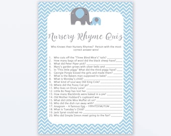 Elephant Nursery Rhyme Quiz Baby Shower Game Blue Elephant Nursery ...