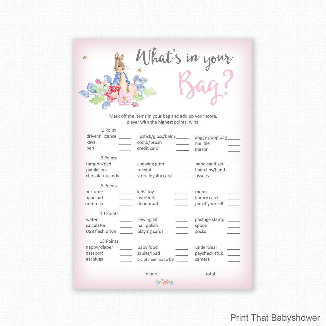 What's in Your Purse Game? - Baby Shower Games - Peter Rabbit Baby ...