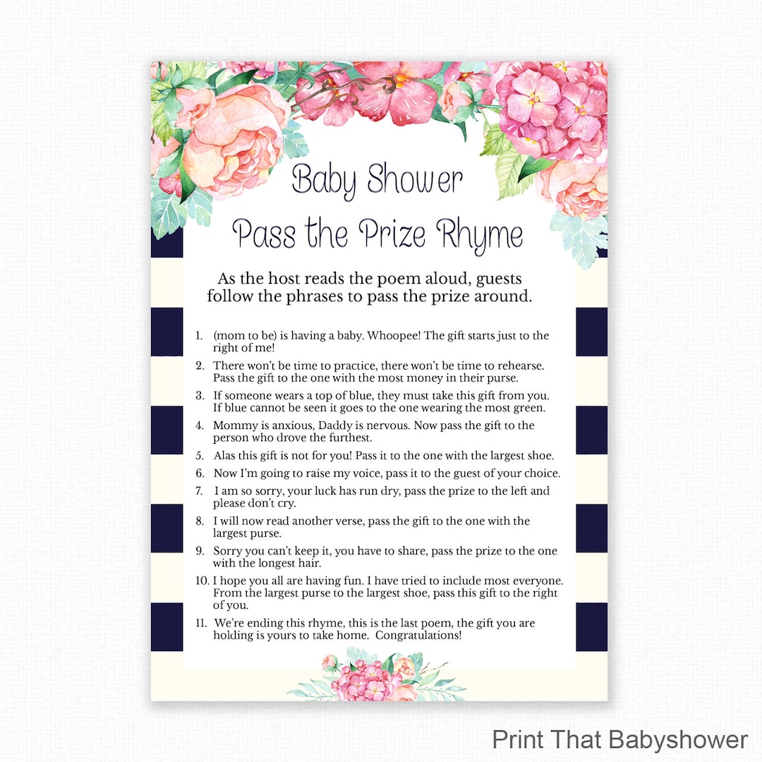 Baby Shower Game - Floral Baby Shower - Pass the Parcel Rhyme - Left ...