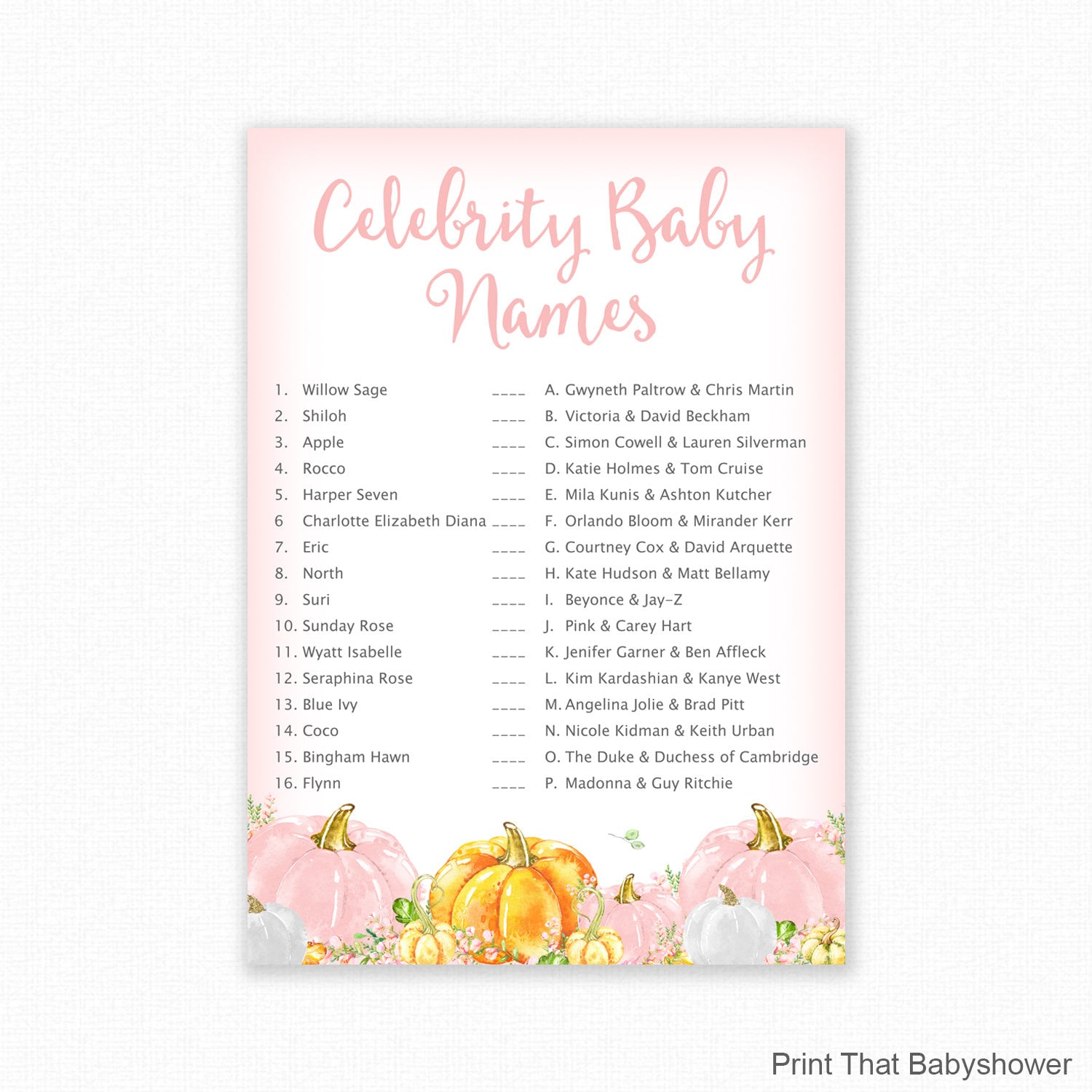 Baby Shower Games - Celebrity Baby Names Game - Pumpkin Baby Shower ...