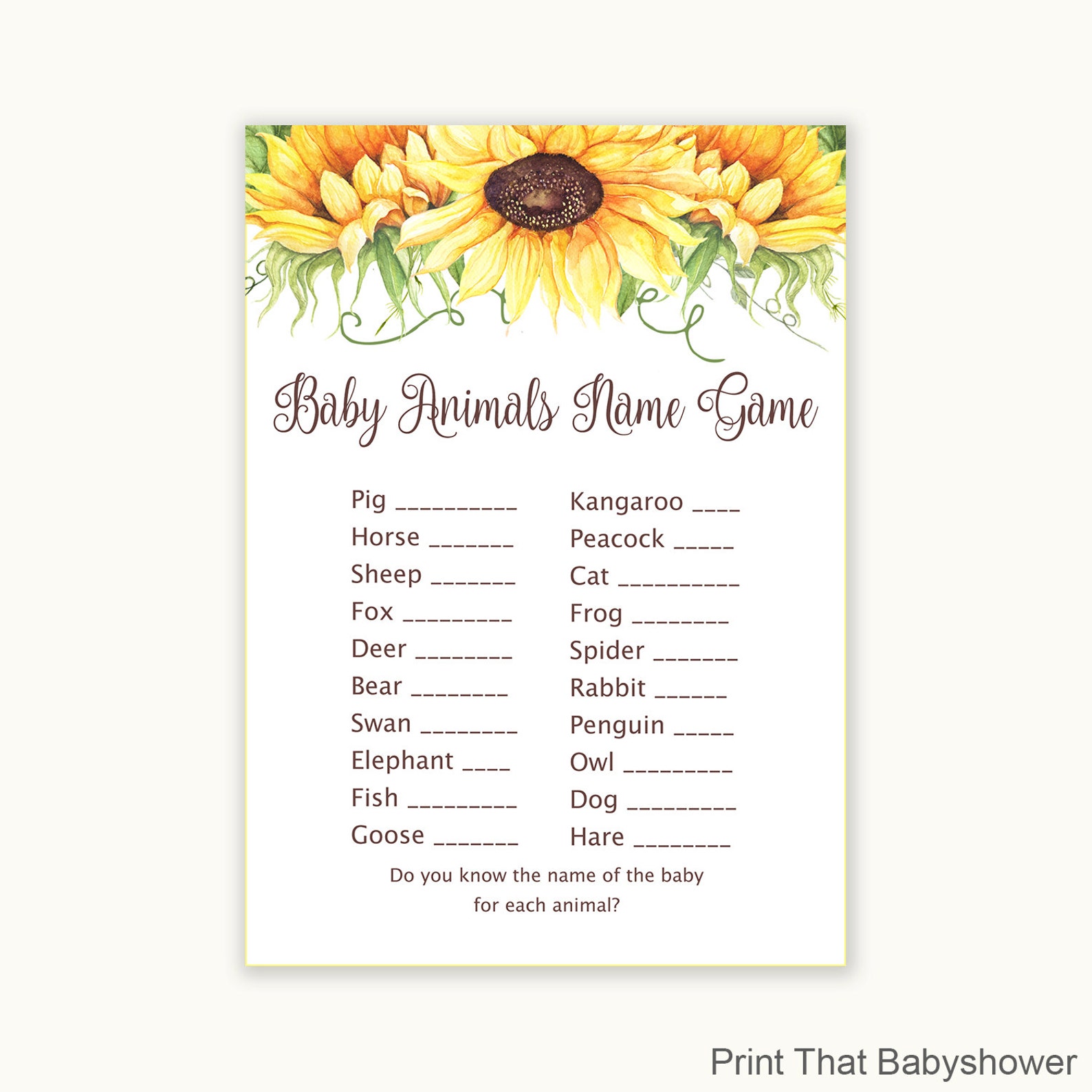 Baby Shower Games Baby Animals Name Game Floral Baby - Etsy