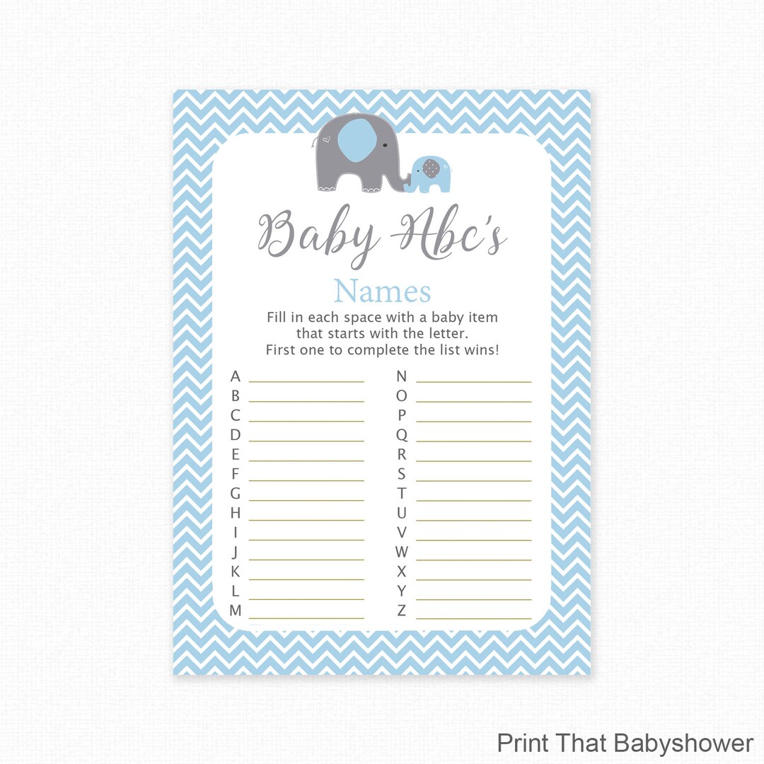 Baby Shower Games - Baby Name ABC Game - Blue Elephant Baby Shower ...