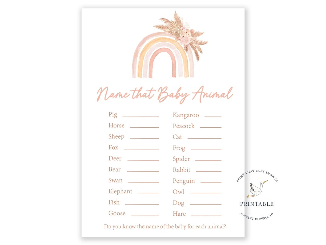 Baby Shower Games - Baby Animals Name Game - Boho Rainbow Baby Shower ...