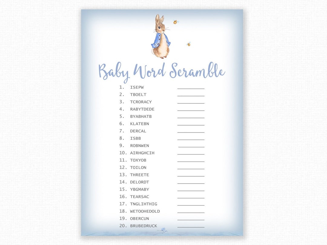 Baby Shower Games - Baby Word Scramble Game - Peter Rabbit Baby Shower ...