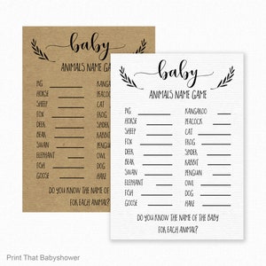 Baby Animals Name Game - Baby Shower Games - Rustic Baby Shower, Gender ...