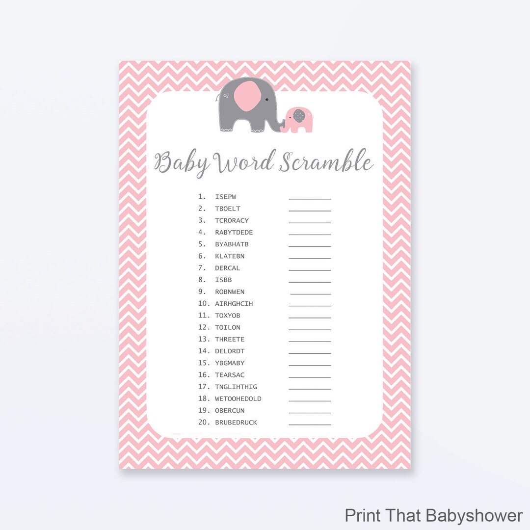 Baby Shower Games - Baby Word Scramble Game - Pink Elephant Baby Shower ...