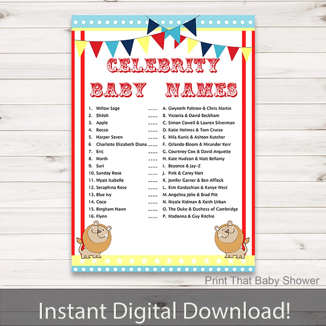 Baby Shower Games - Celebrity Baby Names Game - Circus Elephant Baby ...