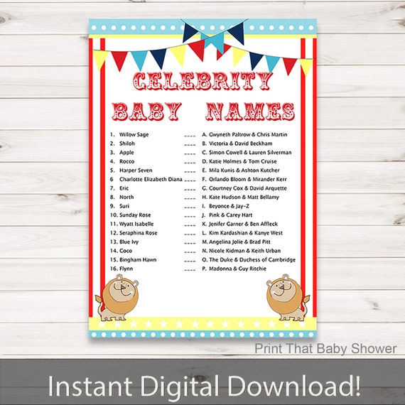 Baby Shower Games - Celebrity Baby Names Game - Circus Elephant Baby ...