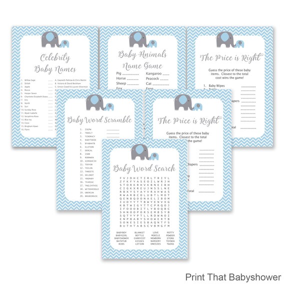 Baby Shower Games - 6 Games bundle - Blue Elephant Baby Shower ...