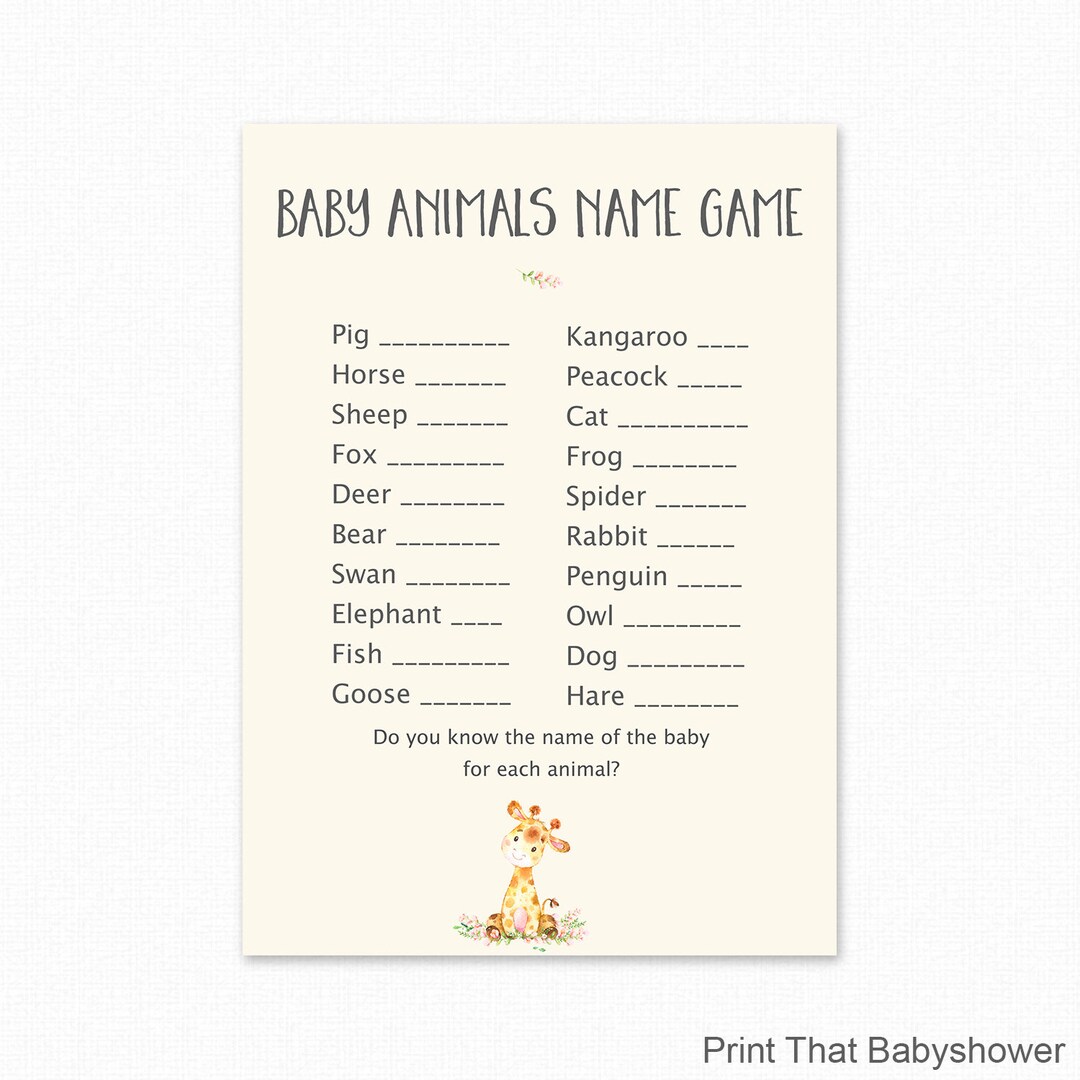 Baby Shower Games - Baby Animals Name Game - Giraffe Baby Shower ...