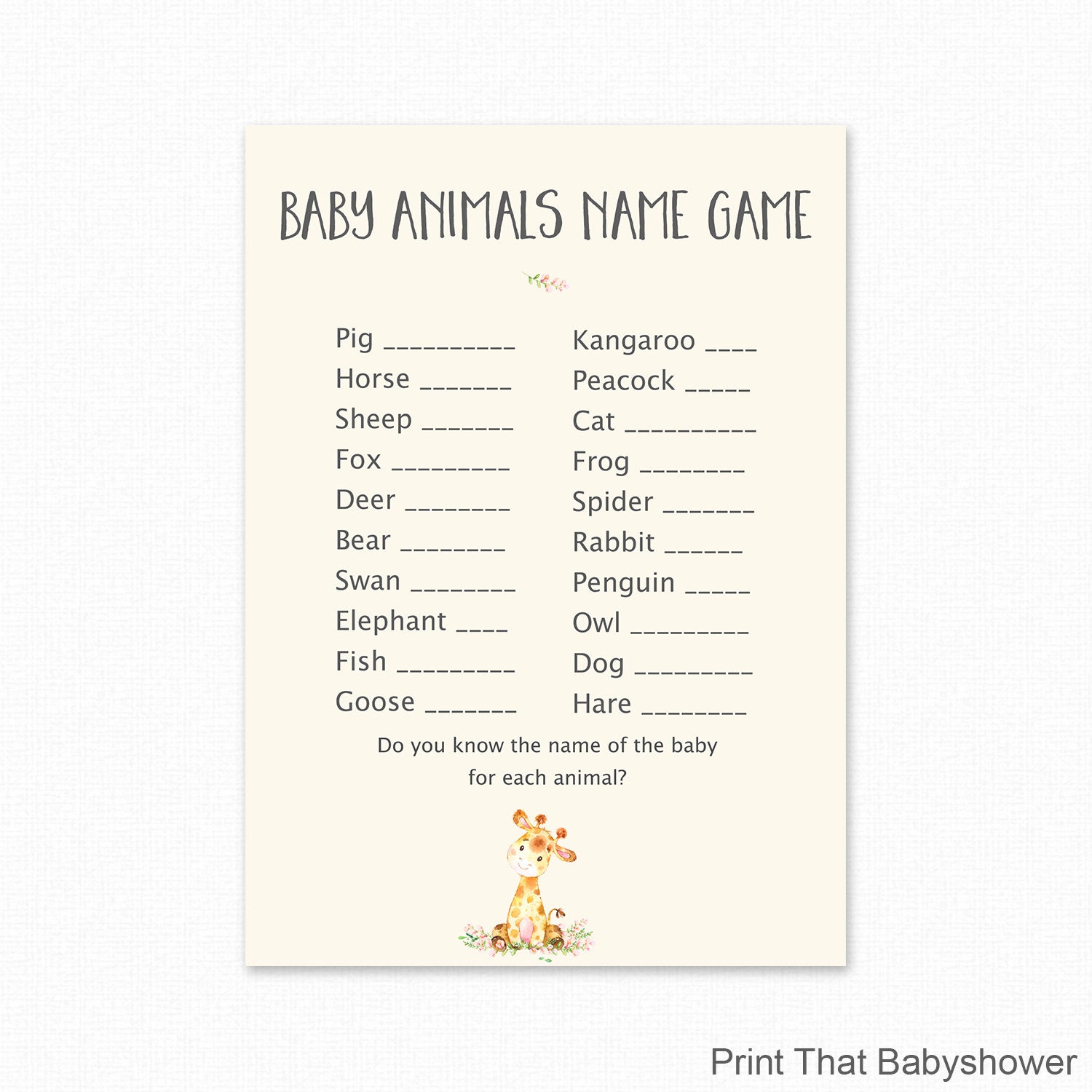 Baby Shower Games Baby Animals Name Game Giraffe Baby | Etsy UK