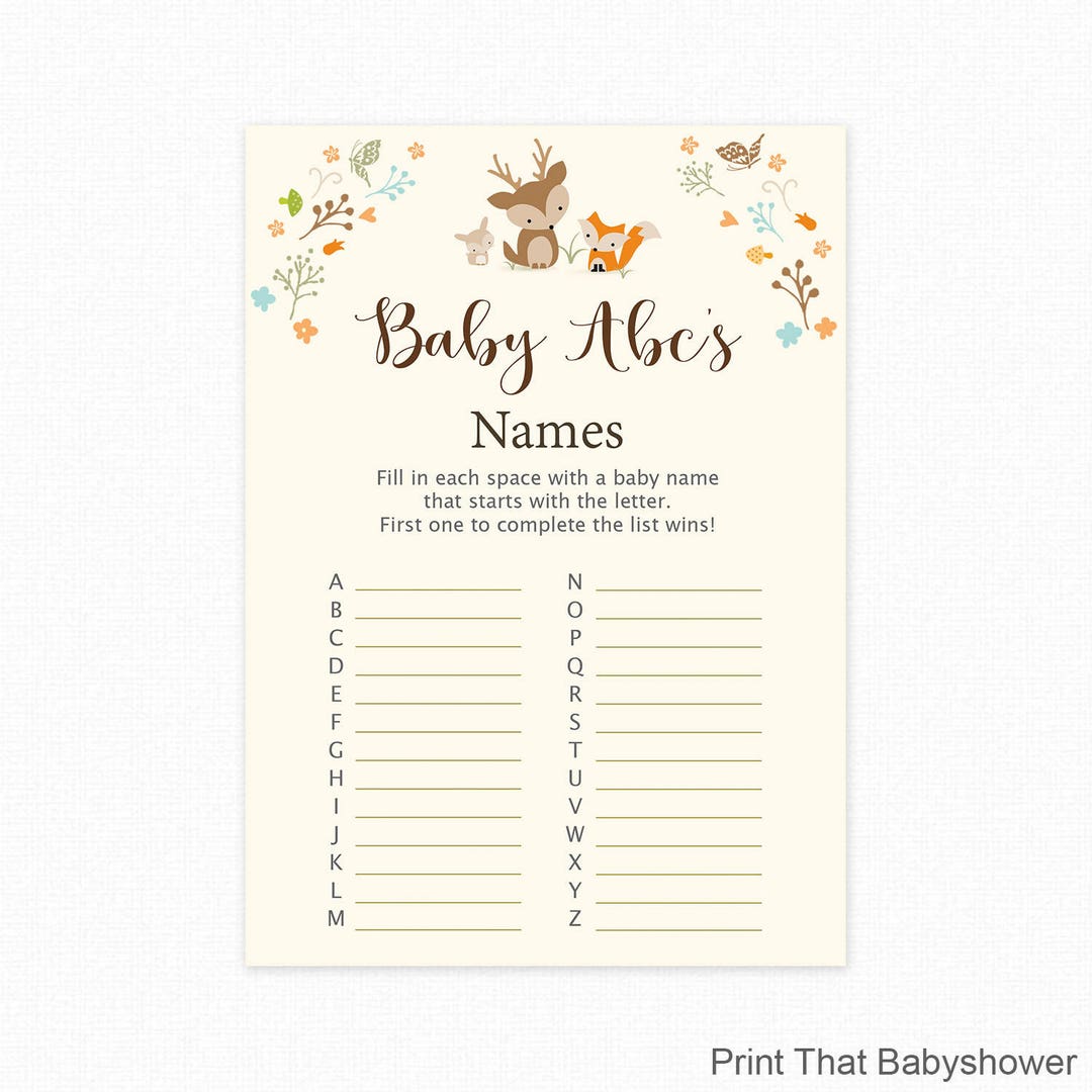Baby Shower Games - Baby Name ABC Game - Woodland Baby Shower ...