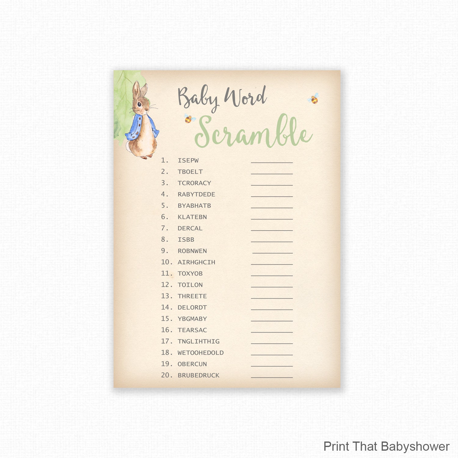 Baby Shower Games - Baby Word Scramble Game - Peter Rabbit Baby Shower ...