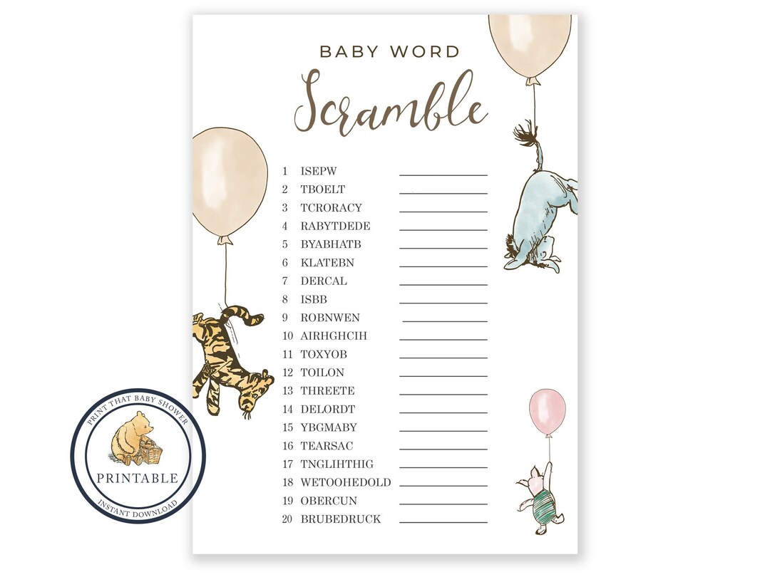 Baby Shower Games - Baby Word Scramble Game - Winnie the Pooh Baby ...