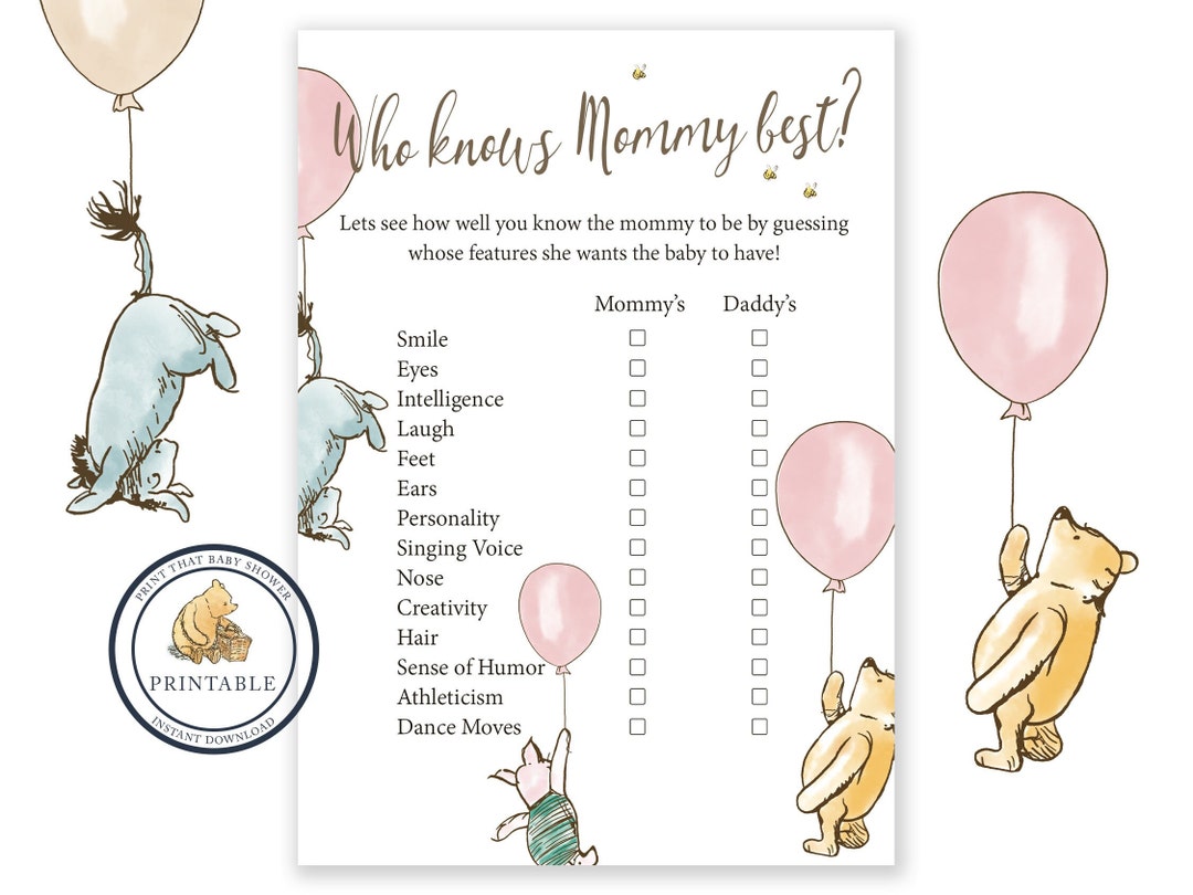 Winnie the Pooh Baby Shower Who Knows Mommy Best Printable - Pooh Bear ...