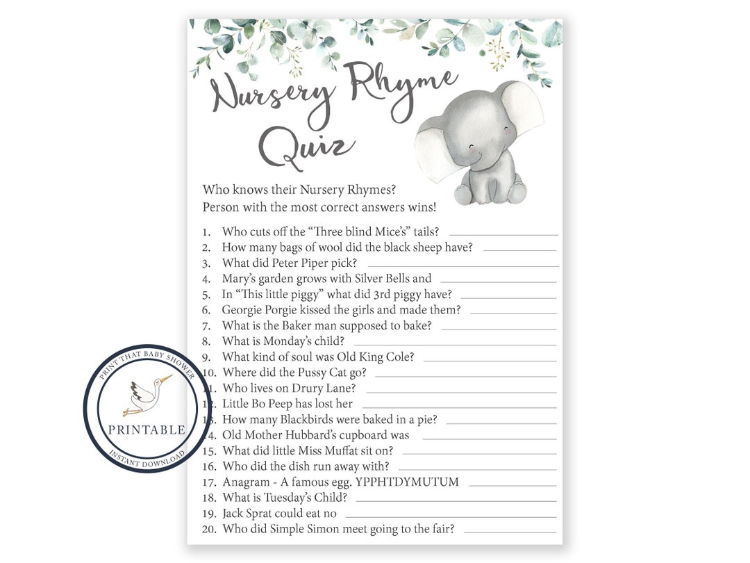 Nursery Rhyme Quiz Game - Baby Shower Game - Elephant Baby Shower ...