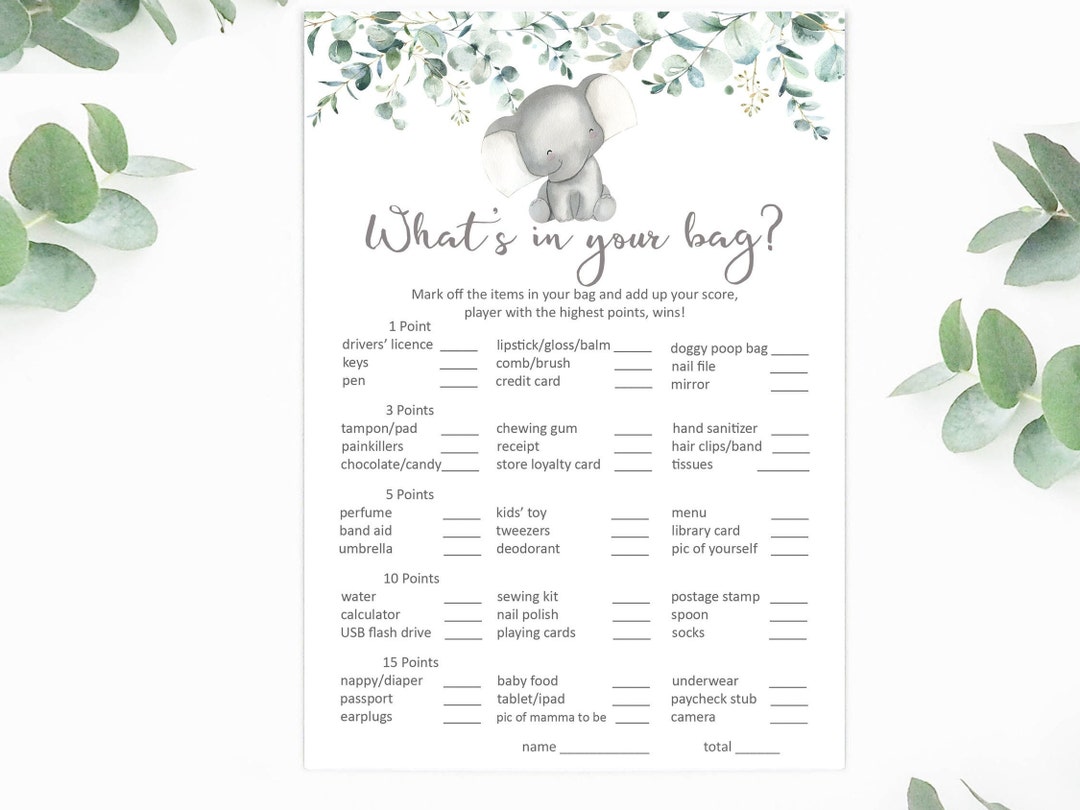 What's in Your Purse Game? - Baby Shower Games - Elephant Baby Shower ...