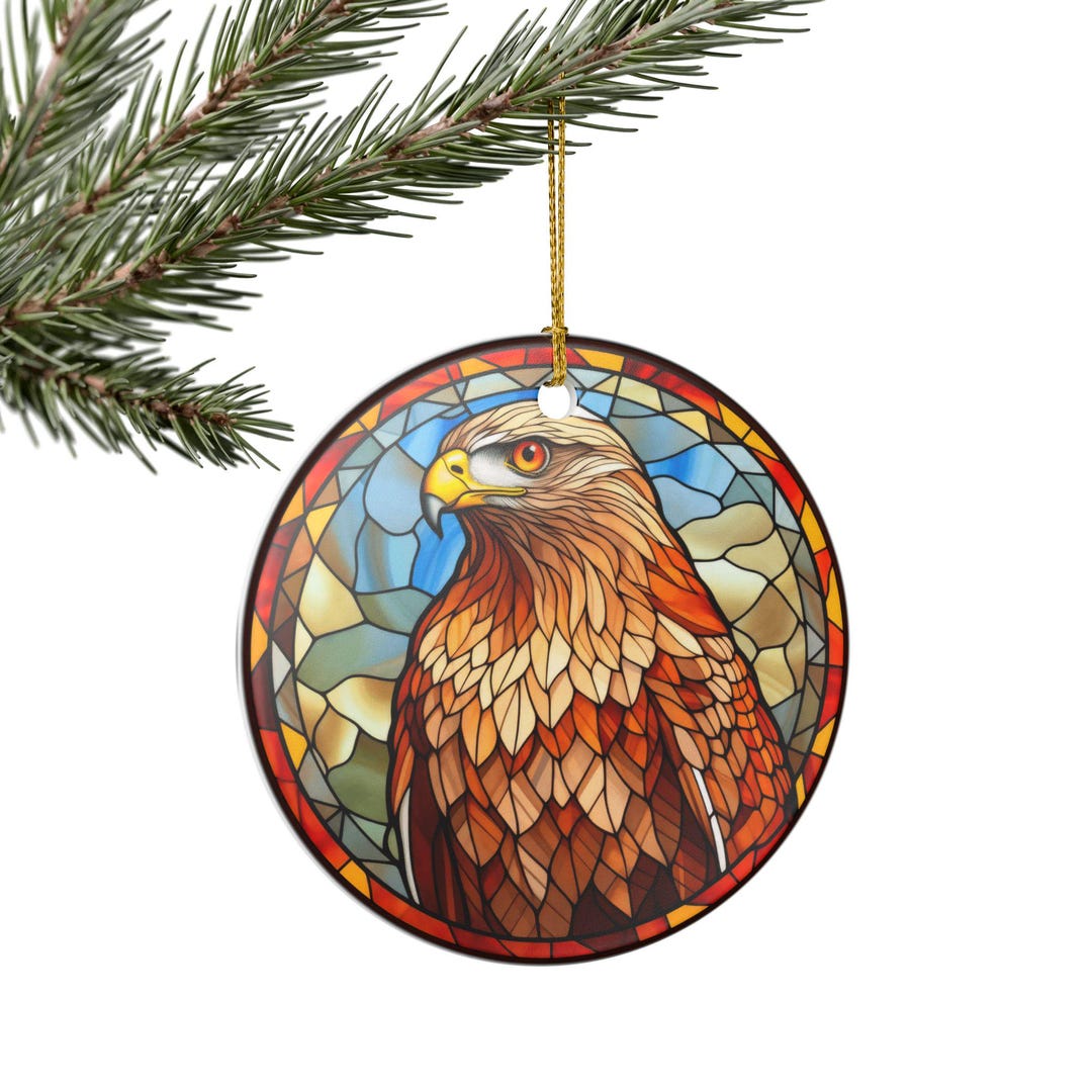 Faux Stained Glass Red Tailed Hawk Ornament Ceramic Decoration | Round ...