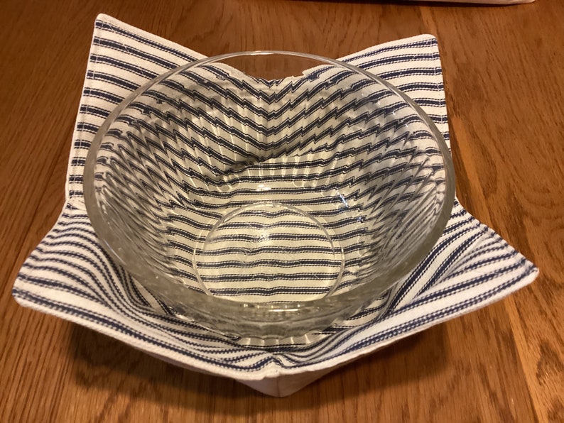 Blue French Ticking Cozies, Microwave Bowl Cozy, Casserole Cozy ...
