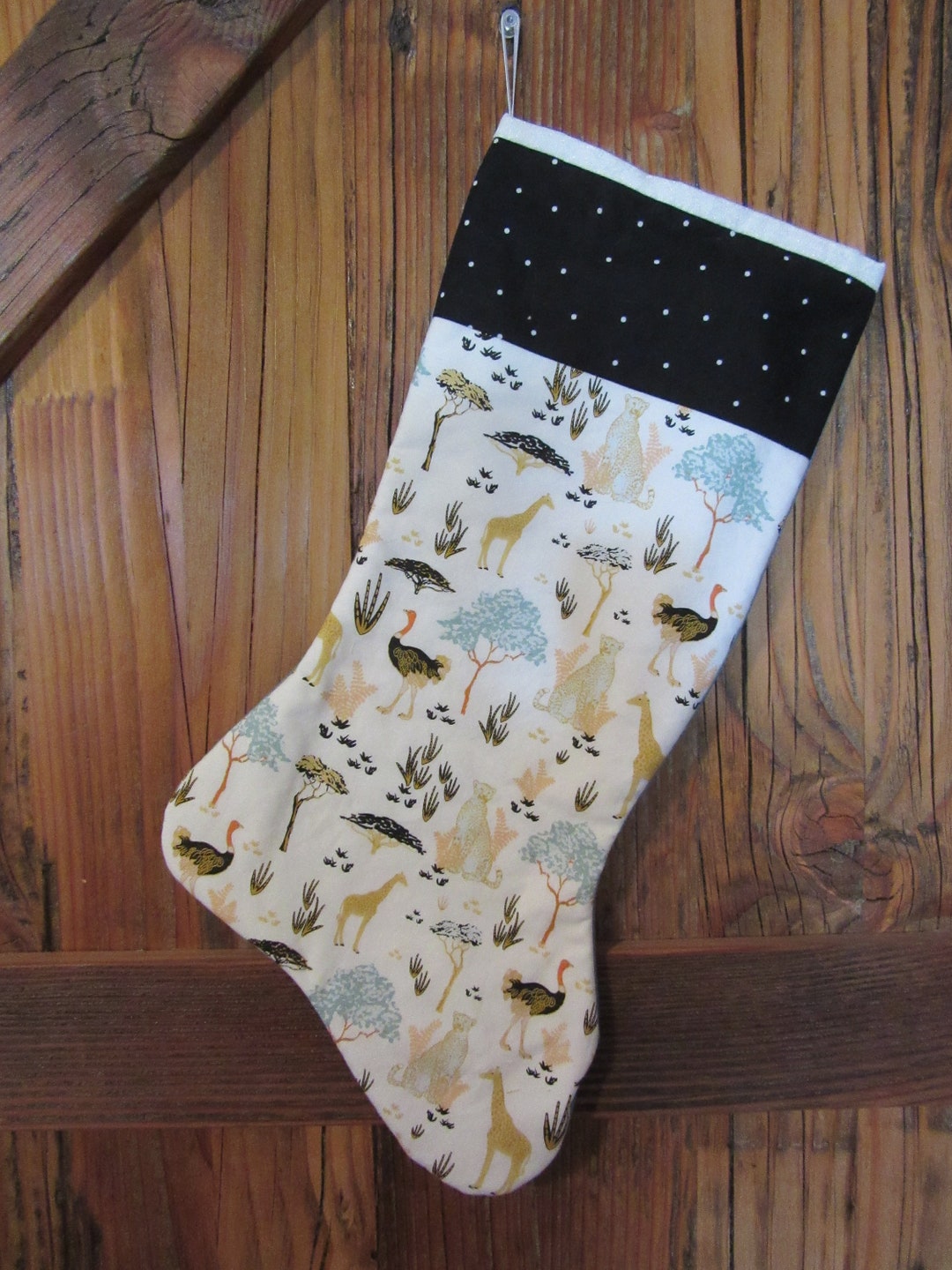 Quilted Safari Animal Christmas Stocking, Giraffes, Ostrich, Big Cat ...