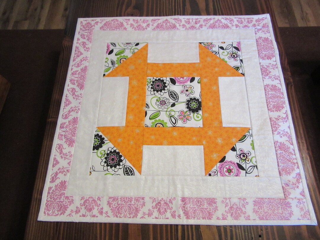 Quilted Pink and Orange Floral Tabletopper, Approx. 24 Inch Square ...