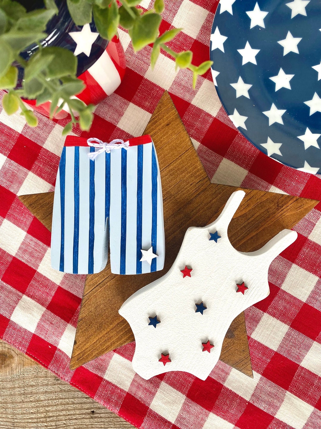 Patriotic Wooden Bathing Suit and Swim Trunks SET | Summer Tiered Tray ...