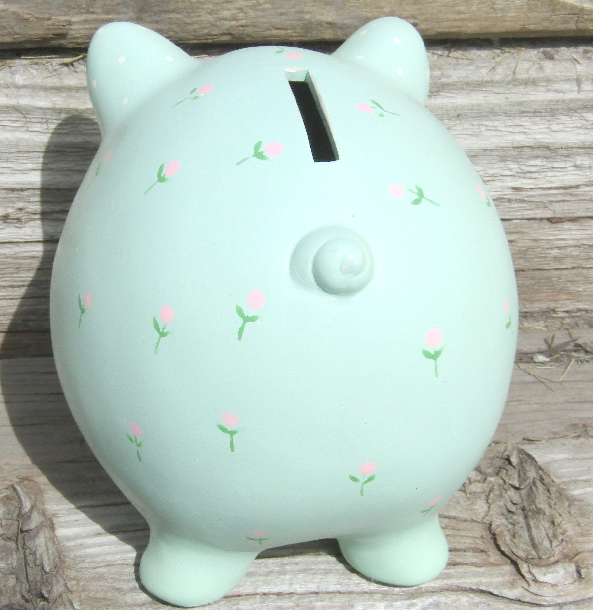 Vintage Enesco Piggy Bank From 1985 Green With Pink Flowers Ceramic ...