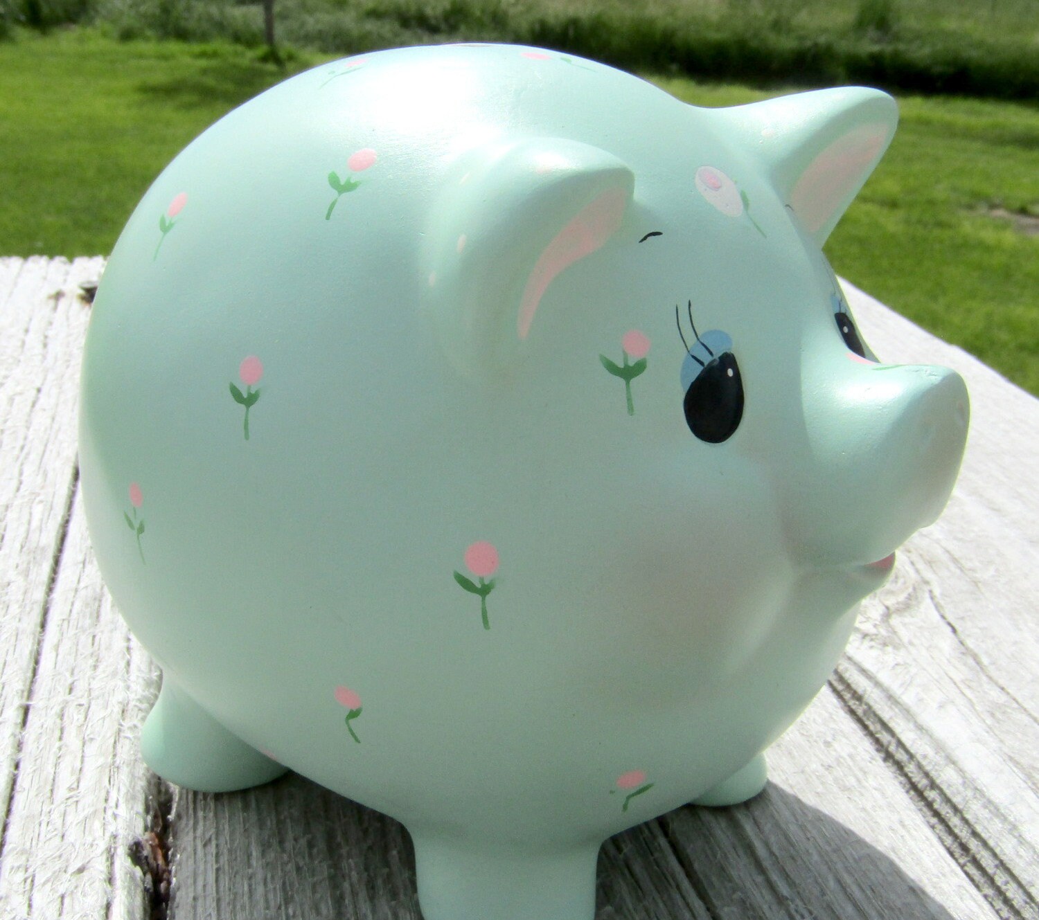 Vintage Enesco Piggy Bank From 1985 Green With Pink Flowers Ceramic ...
