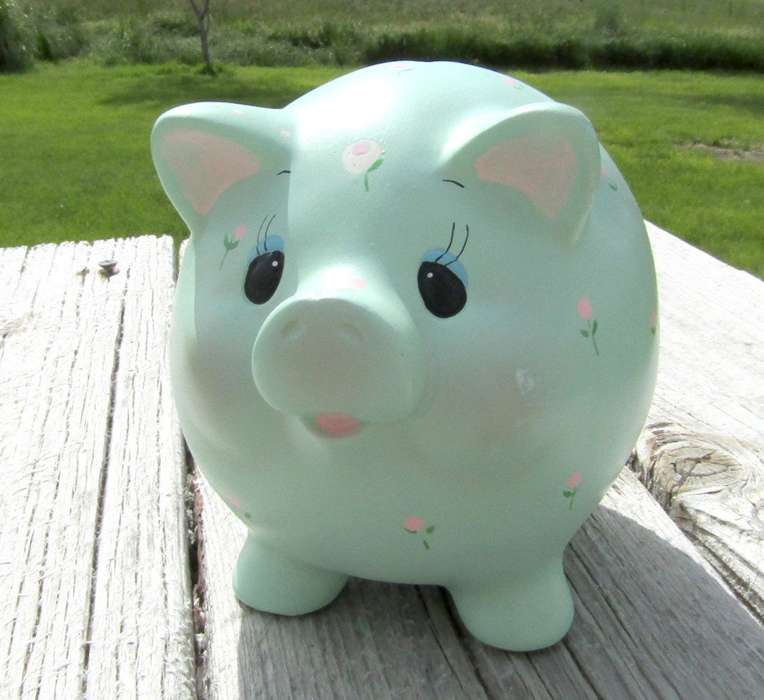 Vintage Enesco Piggy Bank From 1985 Green With Pink Flowers - Ceramic ...