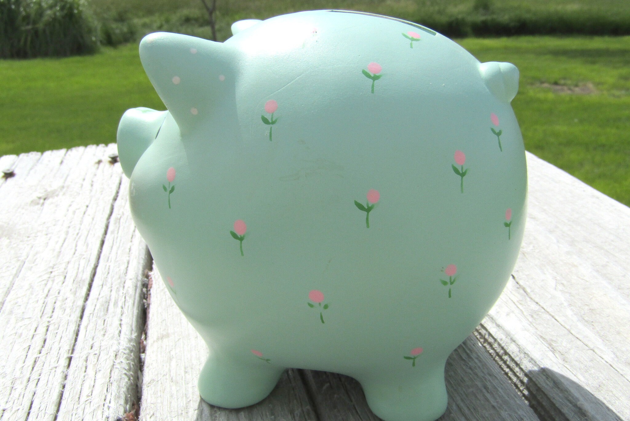 Vintage Enesco Piggy Bank From 1985 Green With Pink Flowers Ceramic ...