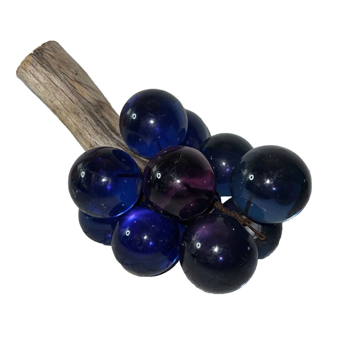 Vintage Lucite Acrylic Grapes 8 Cluster Wood Stem MCM Peacock Blue ...