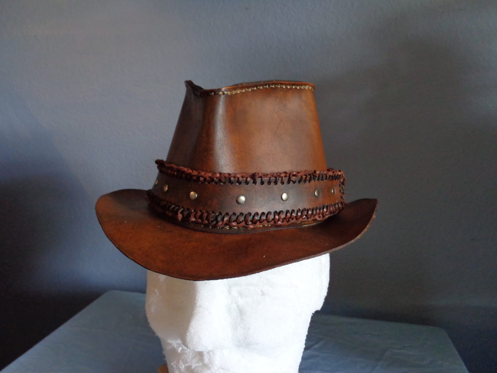 Leather Fedora Hat With Double Loop Lace and Silver Riveted - Etsy