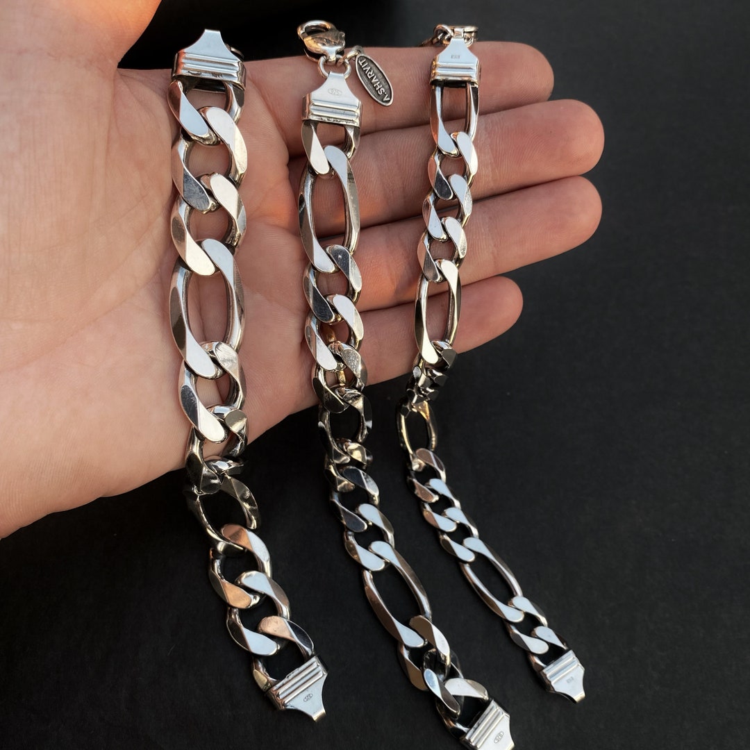 925 Sterling Silver Bold Figaro Link Chain Bracelet, Figaro Bracelet ...