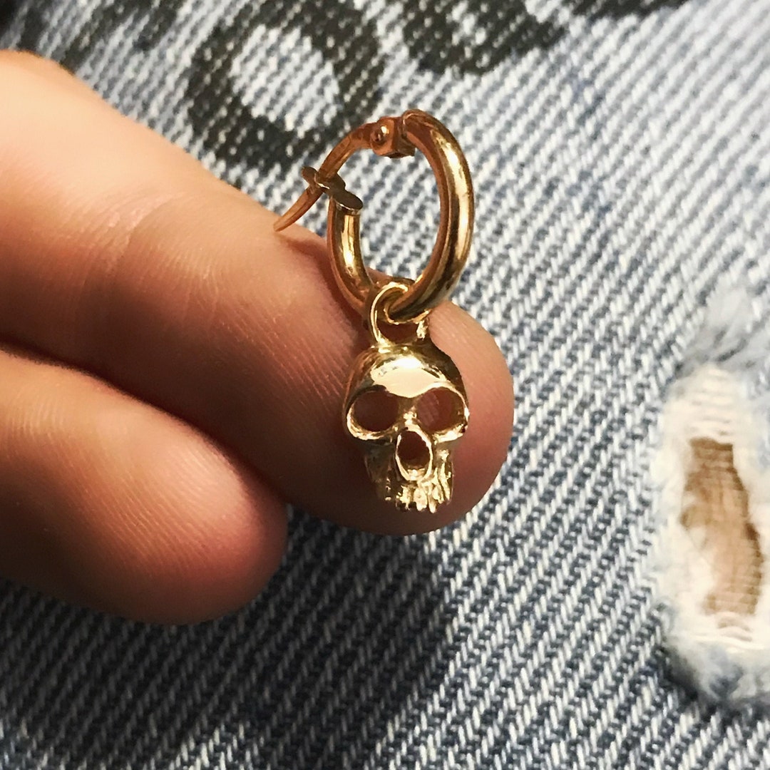 Gold Skull Earring , 14K Gold Skull Earring, Gothic Skull Hoop Earrings ...