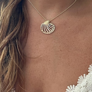 14k Gold Seashell Diamond Necklace for Women, Solid 14k Gold Shell ...