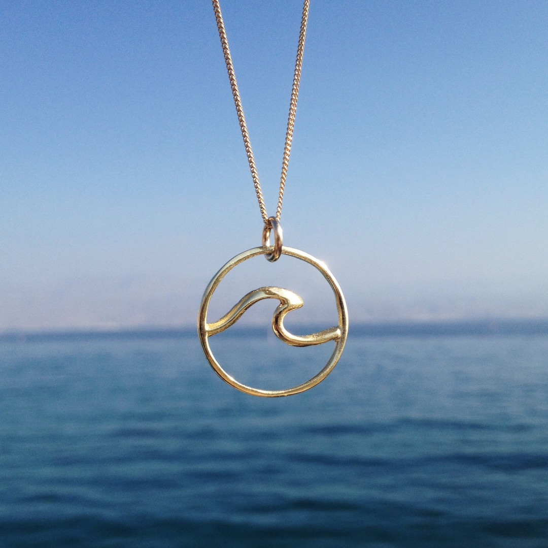 14k Solid Gold Wave Necklace, Surfer Gold Necklace, , Solid Gold ...