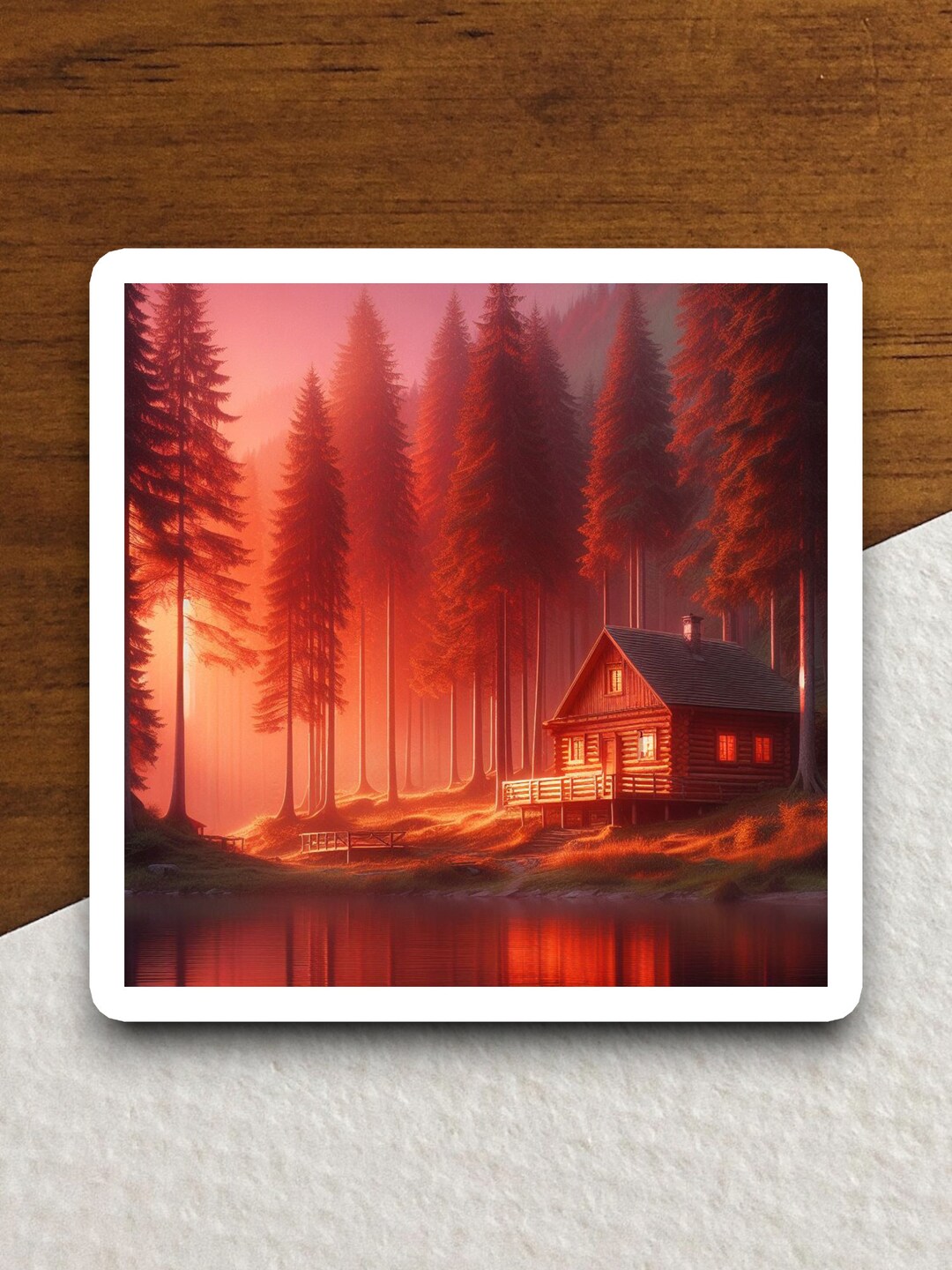 A Cabin in the Woods at Sunset Sticker, Cabin Sticker, Woods Sticker ...