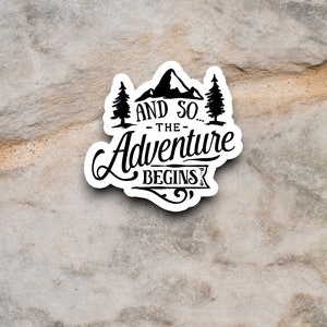 Adventure Begins Sticker, Mountain Trees Travel Decal, Water Bottle ...