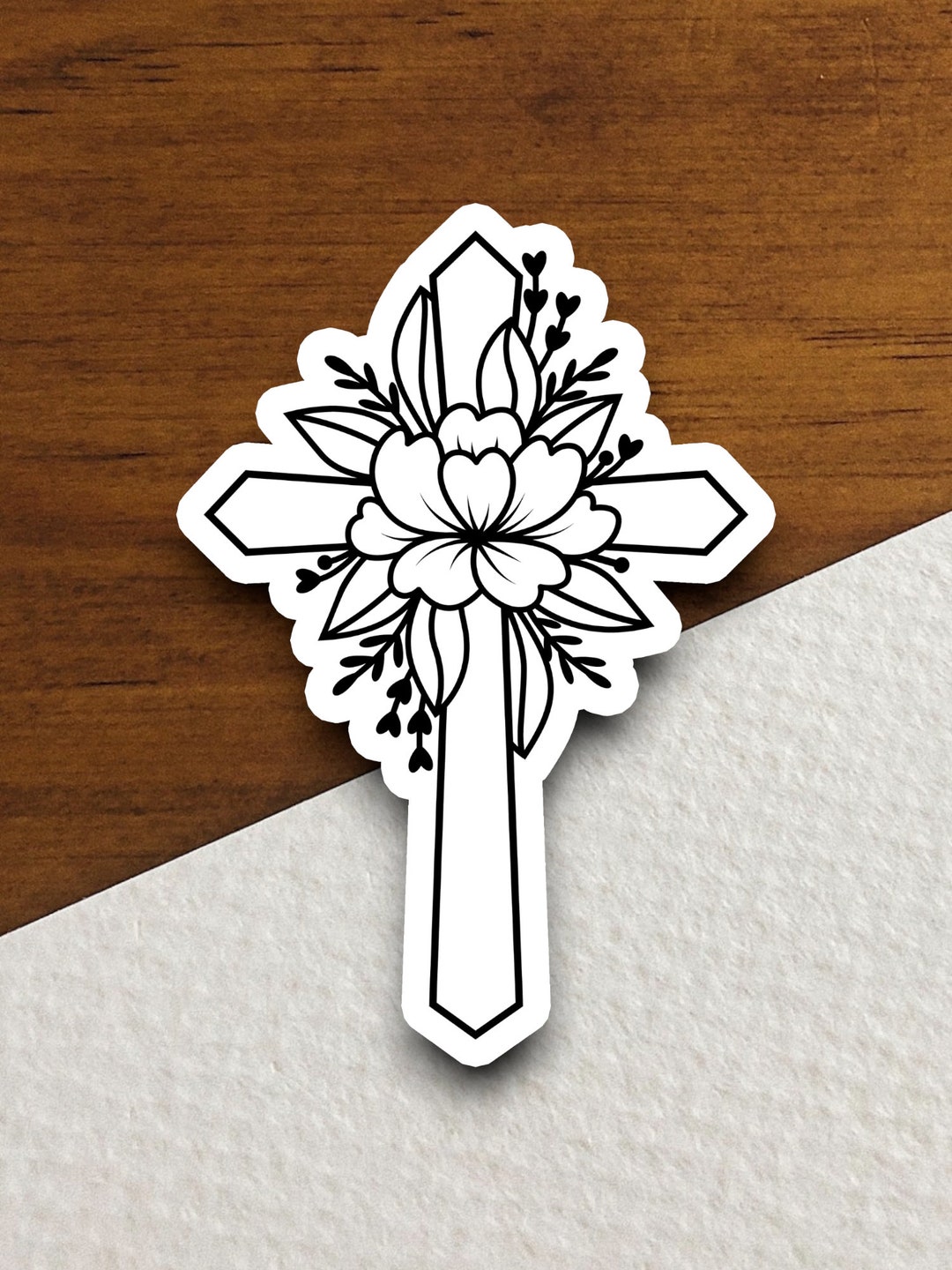 Church Cross With Flower Outline Sticker, Church Sticker, Cross Sticker ...