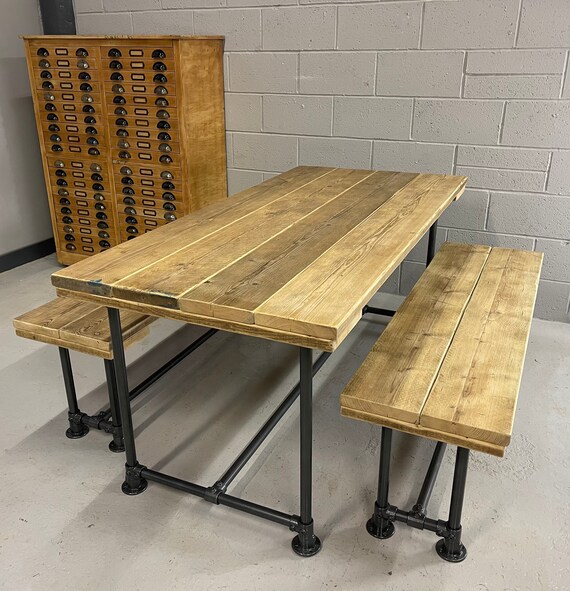 Industrial Reclaimed Scaffold Board Dining Table Steel Legs X2 Benches Gun Metal Grey Etsy