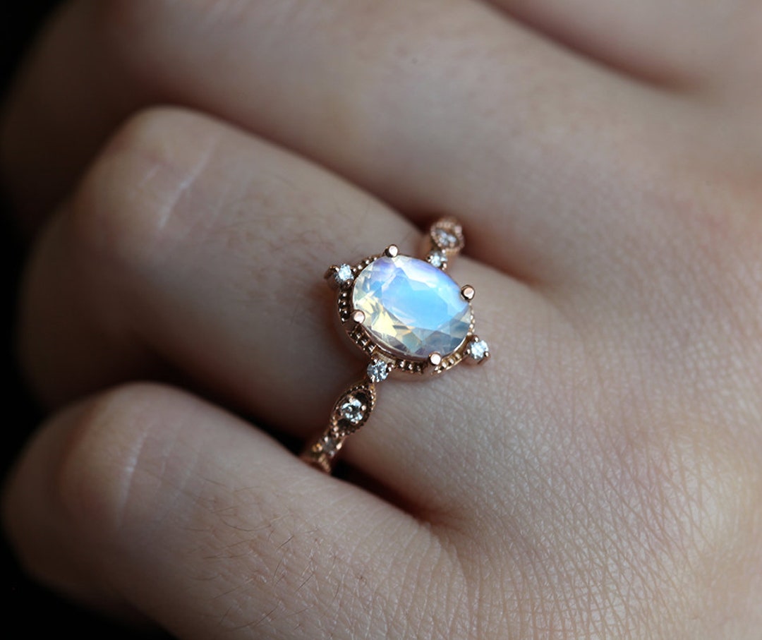 Blue Moonstone Ring, Oval Moonstone Ring, Moonstone Engagement Ring ...