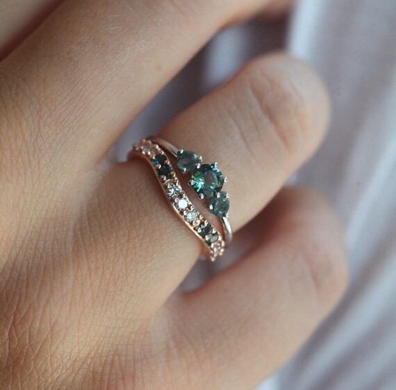 Teal Sapphire Moss Agate Engagement Ring Mermaid Sapphire Ring Round Green Three Stone Ring