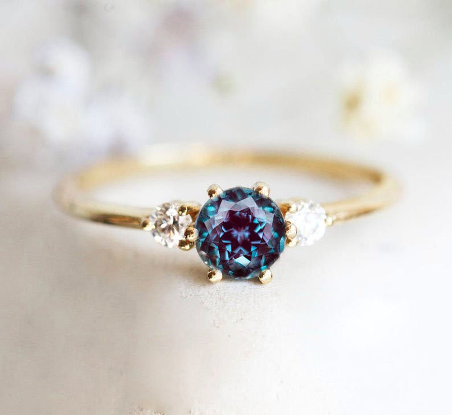 Round Alexandrite Engagement Ring Three Stone Ring Color - Etsy