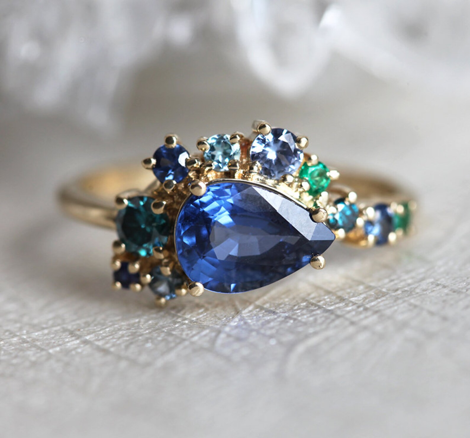 Pear Blue Sapphire Engagement Ring Pear Sapphire Cluster - Etsy