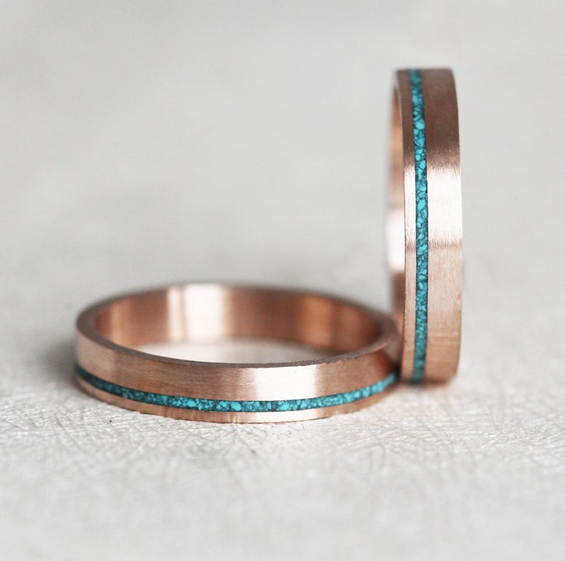 Turquoise Wedding Band Set Matching Rose Gold Inlay Ring Set | Etsy