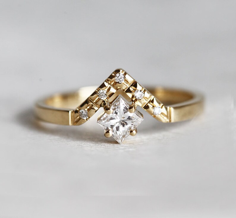 Princess Cut Engagement Ring With Pave Diamond Crown Modern - Etsy